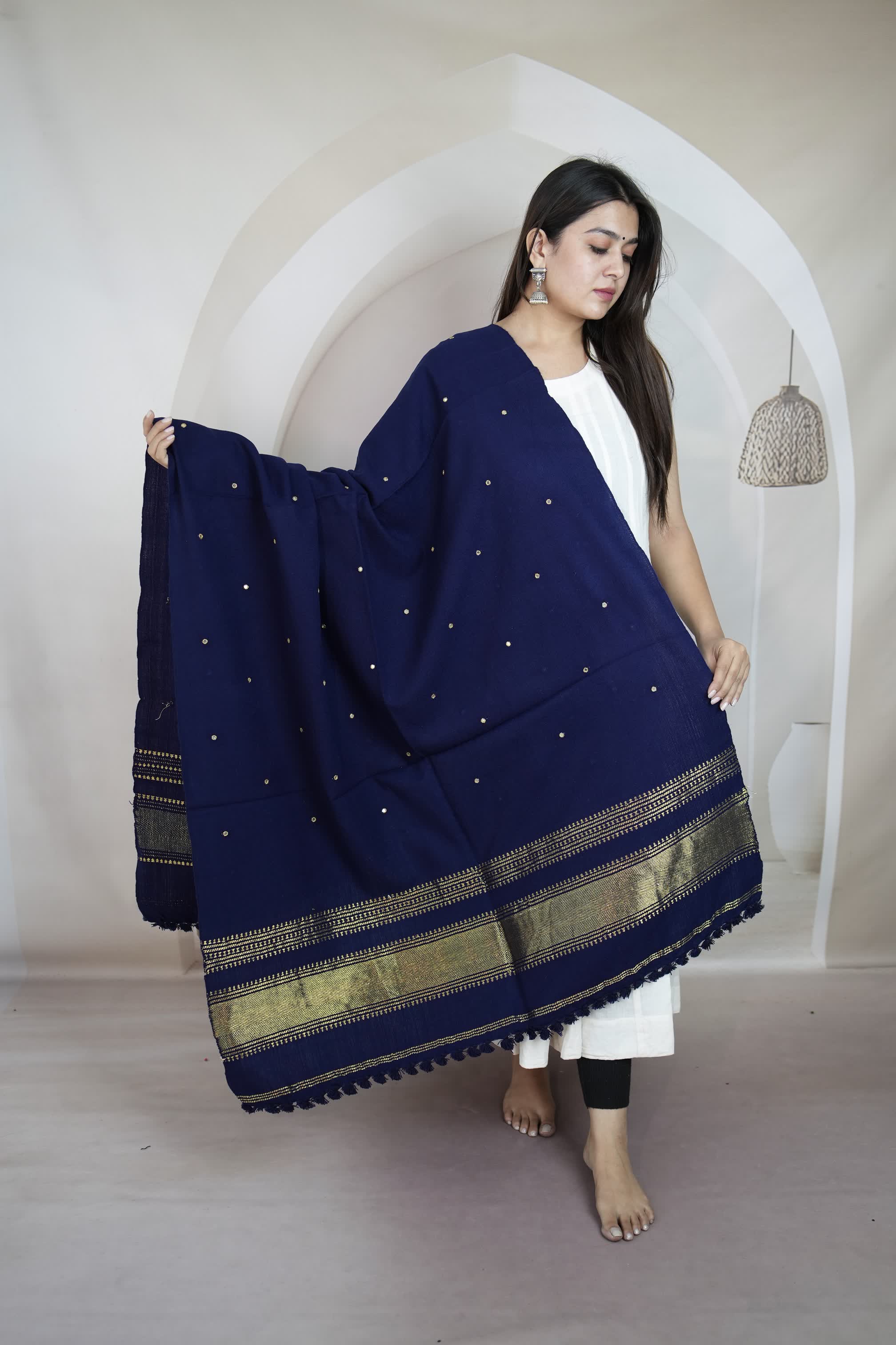 Navy Blue Jari Abhala Bhujodi Woolen Shawl - RAKHIYO